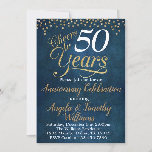 Navy Blue Gold Wedding Anniversary Invitation | Zazzle