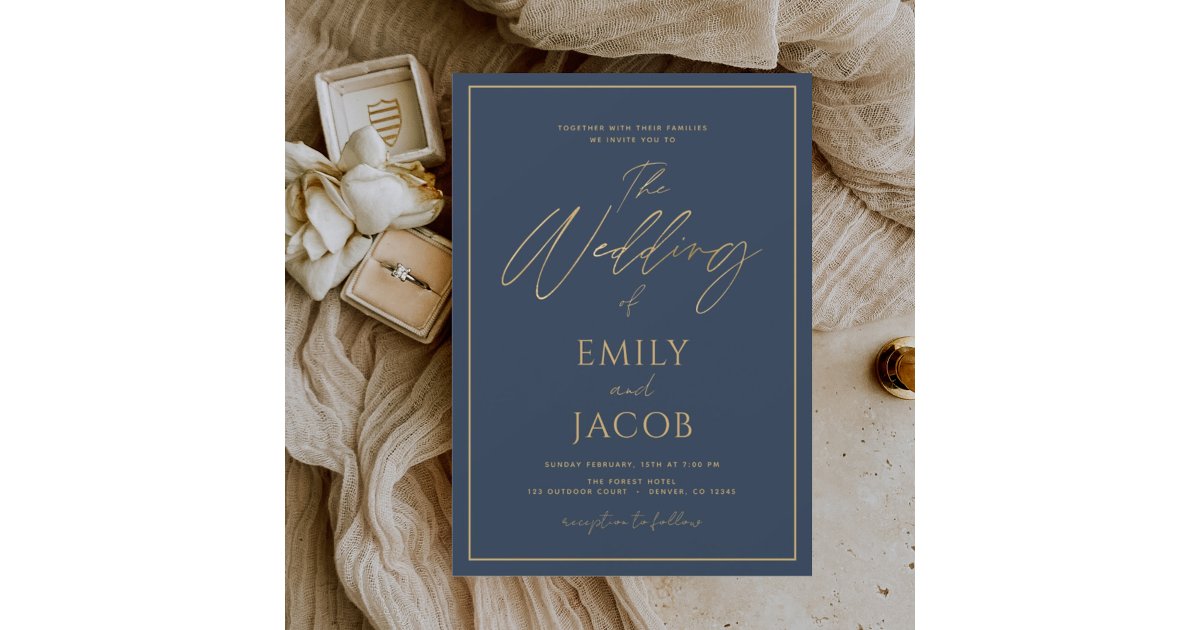 Navy Blue Gold Wedding Modern Script Invitation | Zazzle
