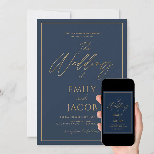 Navy Blue Gold Wedding Modern Script Invitation | Zazzle