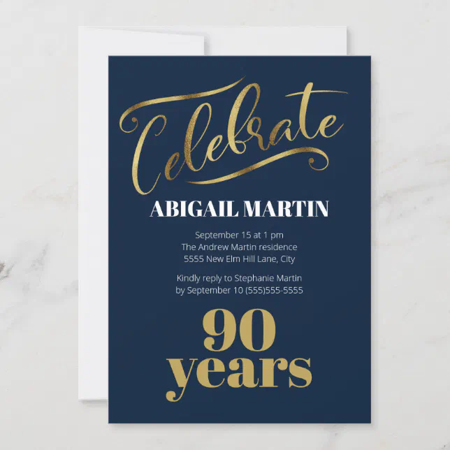 Navy Blue Gold White 90th Birthday Party Invitation | Zazzle