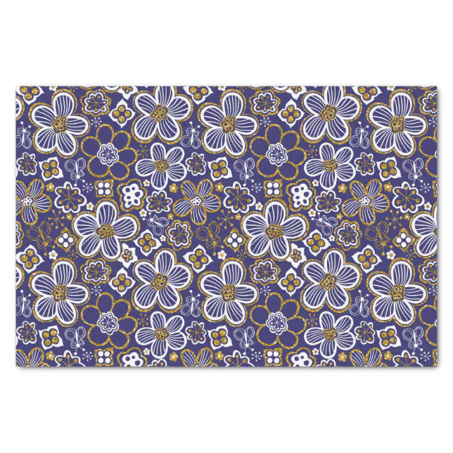 Navy Blue, Gold, White Whimsical Floral Flower Tissue Paper | Zazzle