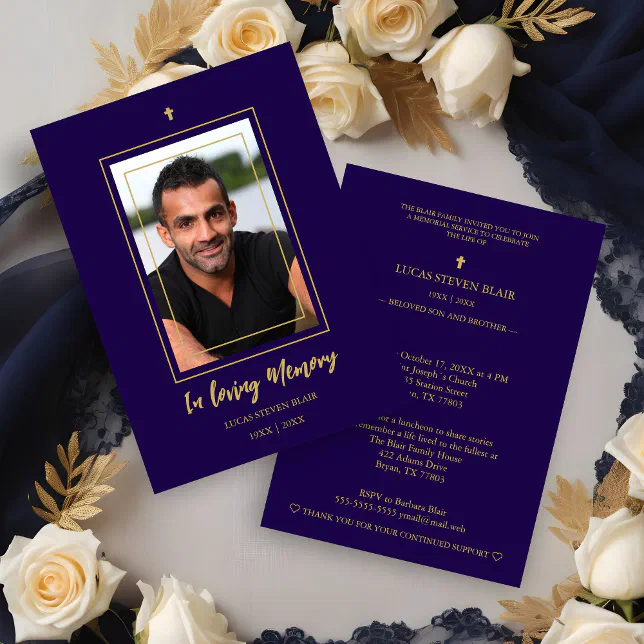 Navy Blue & Golden Traditional Elegant Funeral Invitation | Zazzle