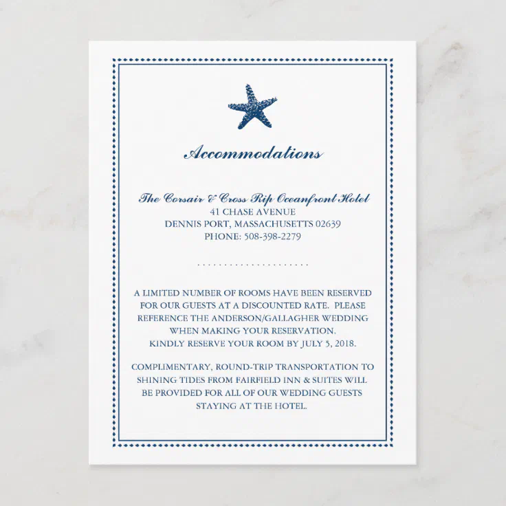 Navy Blue Graceful Starfish Wedding Accommodations Enclosure Card | Zazzle