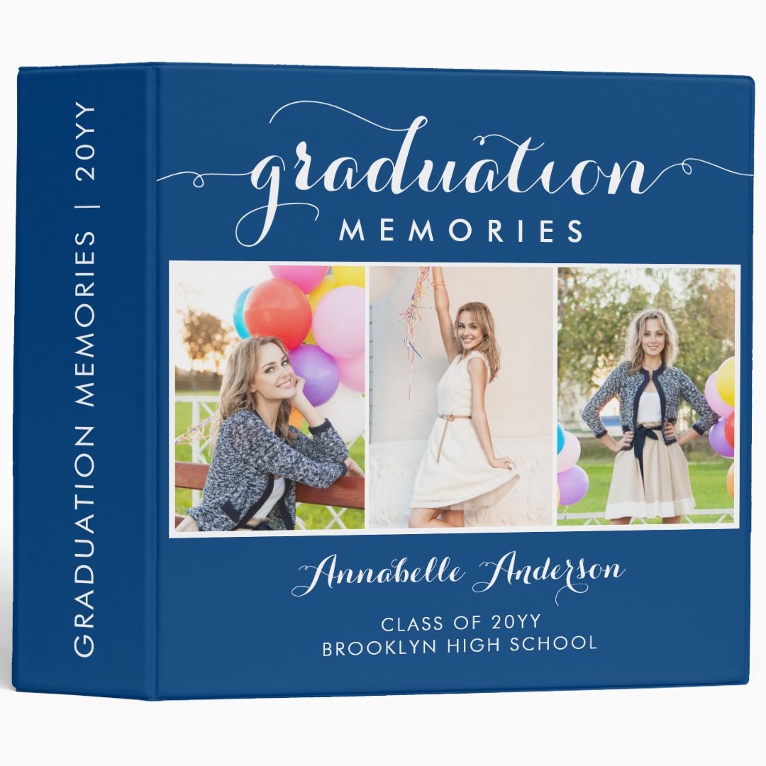 Navy Blue Graduate Girly Script Photo Graduation 3 Ring Binder | Zazzle