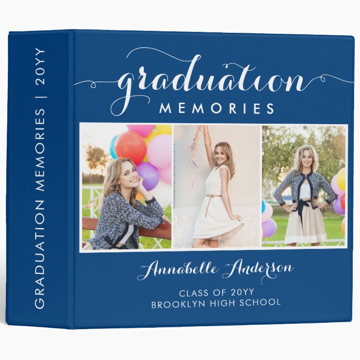 Navy Blue Graduate Girly Script Photo Graduation 3 Ring Binder | Zazzle