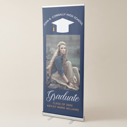 Navy Blue Graduate Photo Modern Graduation Party Retractable Banner ...