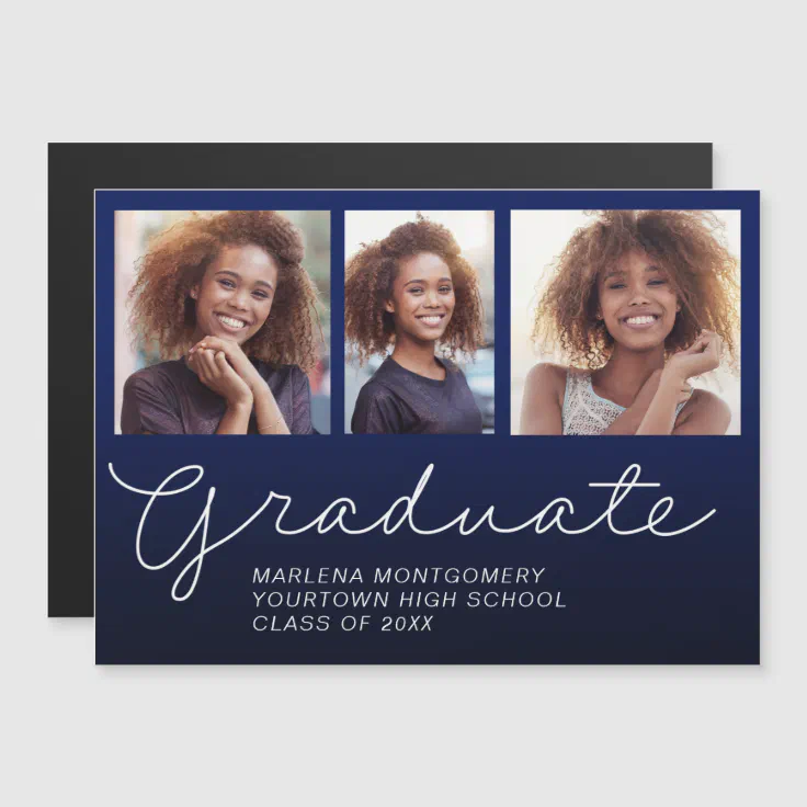 Navy Blue Graduation 3 Photo Announcement | Zazzle