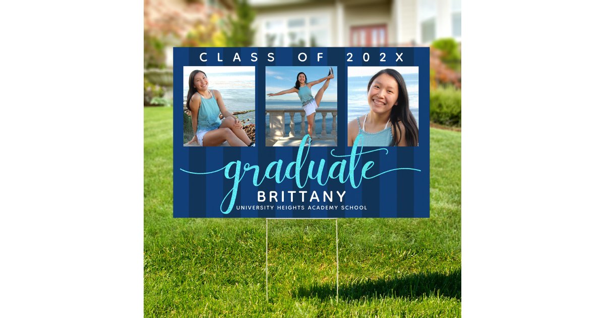 Navy blue graduation 3 photo glitter script yard sign | Zazzle
