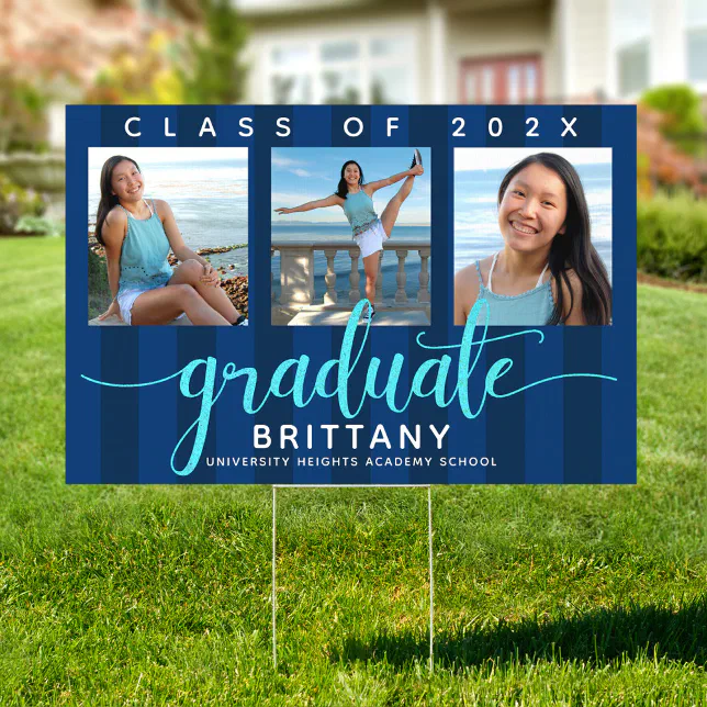 Navy blue graduation 3 photo glitter script yard sign | Zazzle