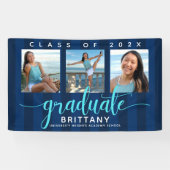 Navy blue graduation 3 photo modern glitter script banner | Zazzle