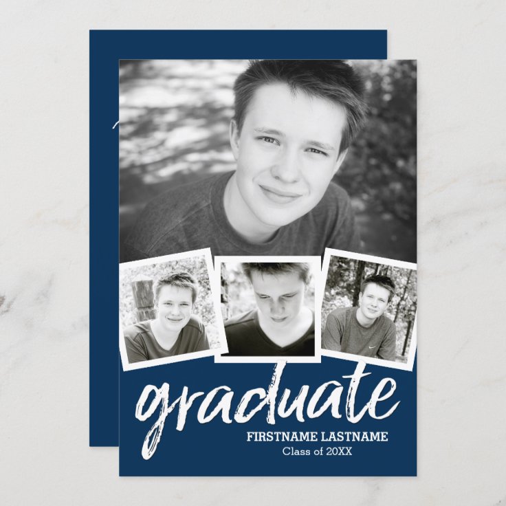 Navy Blue Graduation Announcement with 4 Photos | Zazzle
