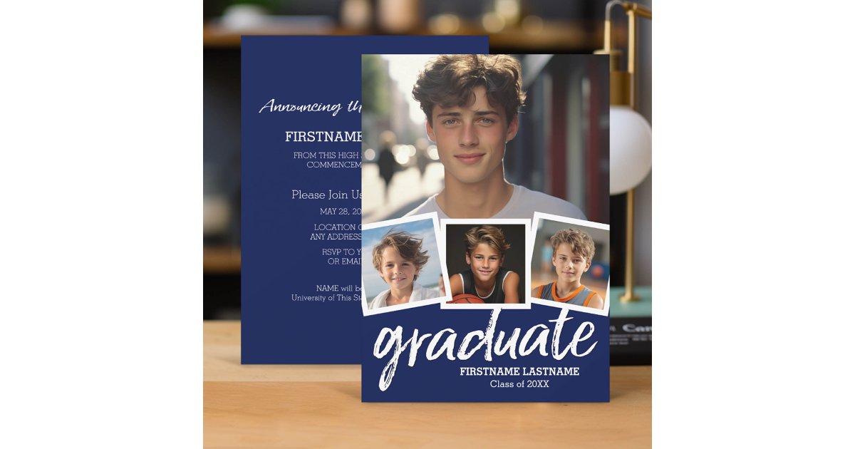 Navy Blue Graduation Announcement with 4 Photos | Zazzle