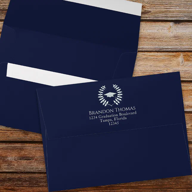 Navy Blue Graduation Custom Return Address Envelope | Zazzle