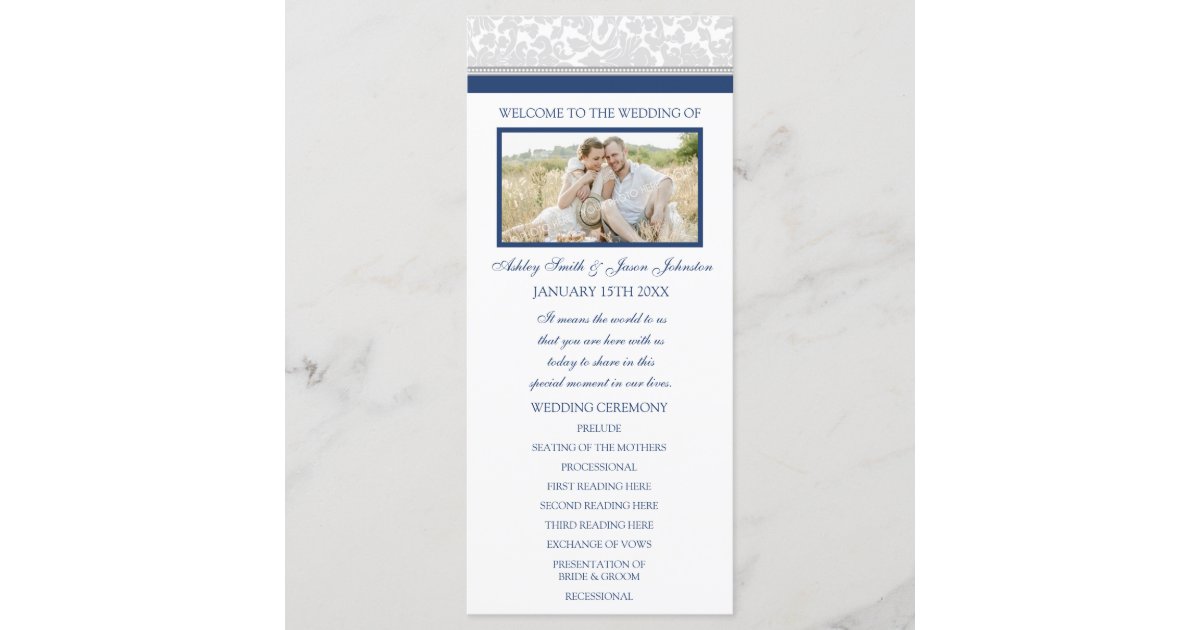 Navy Blue Gray Damask Photo Wedding Program | Zazzle