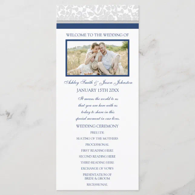 Navy Blue Gray Damask Photo Wedding Program | Zazzle