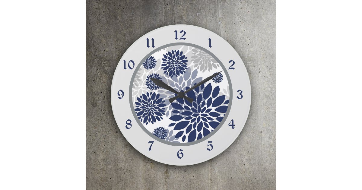 Navy Blue Gray Flower Graphic Large Clock | Zazzle