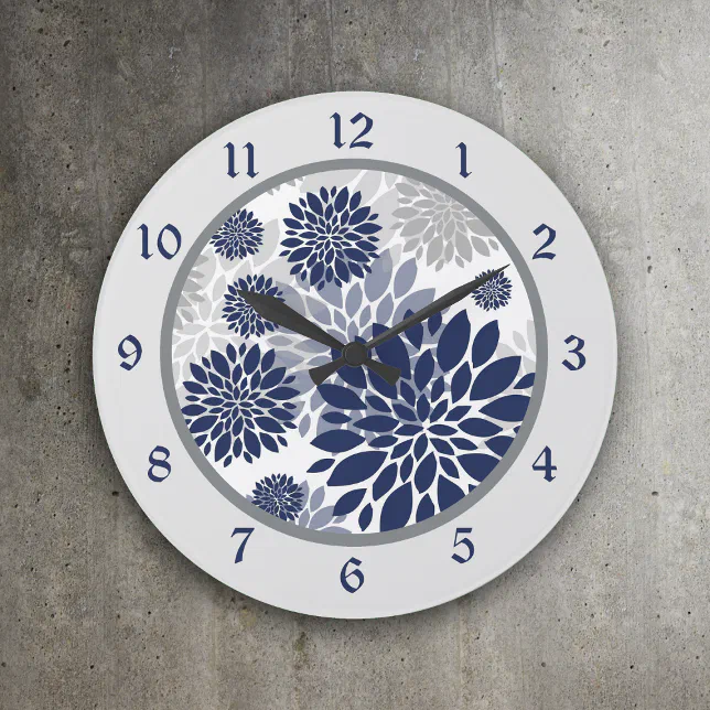 Navy Blue Gray Flower Graphic Large Clock | Zazzle