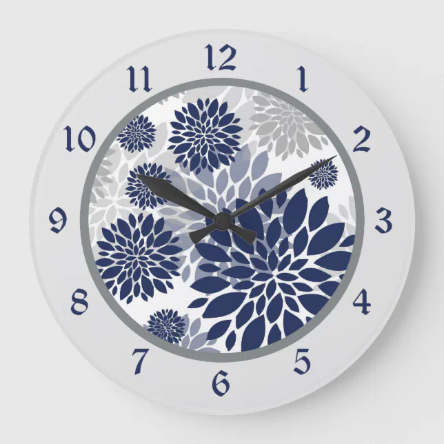 Navy Blue Gray Flower Graphic Large Clock | Zazzle