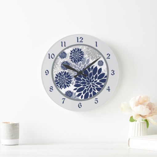 Navy Blue Gray Flower Graphic Large Clock | Zazzle