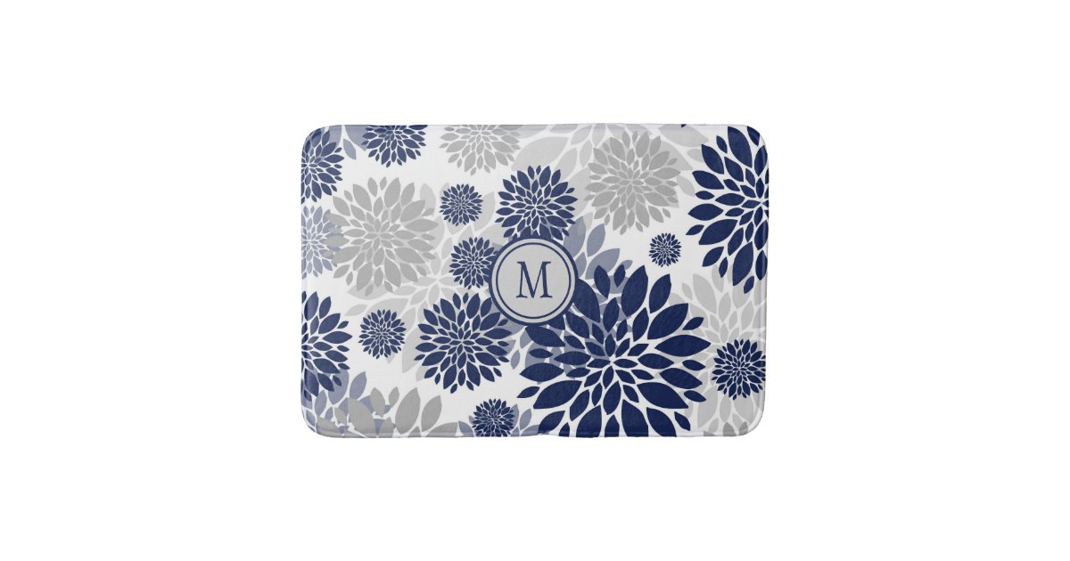 Navy Blue Gray Flower Graphic Pattern Bath Mat | Zazzle
