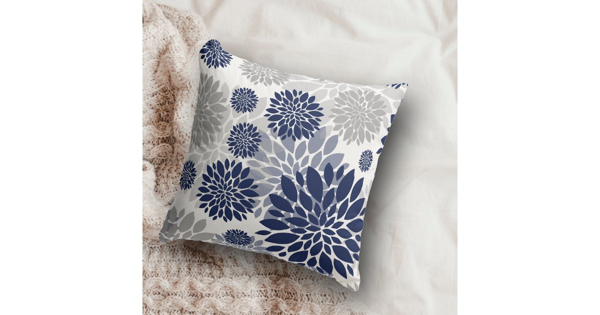 Navy Blue Gray Flower Pattern Throw Pillow | Zazzle