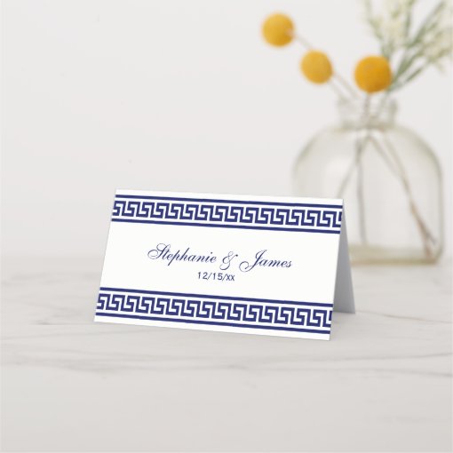 Navy Blue Greek Key Meander Border #1A Place Card | Zazzle