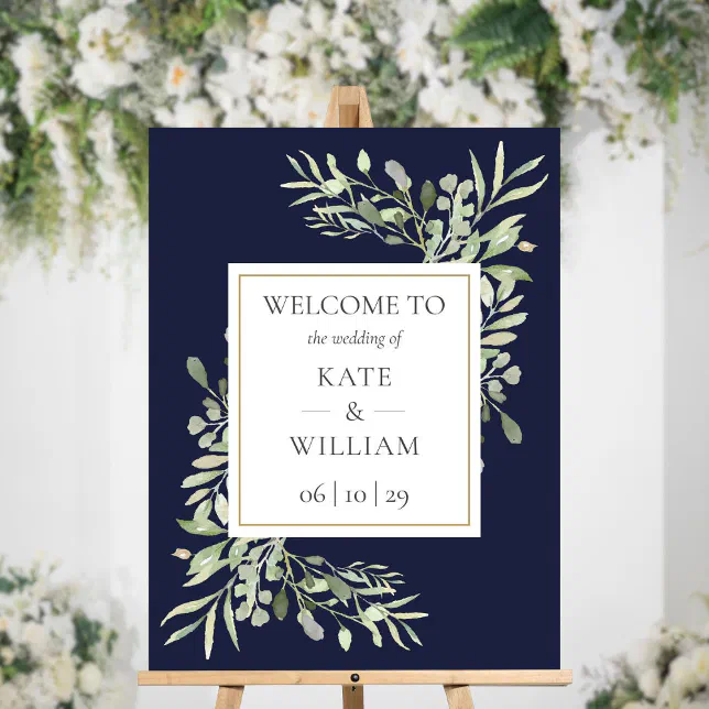 Navy Blue Greenery Botanical Wedding Welcome Sign | Zazzle