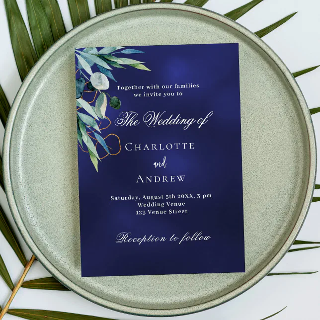 Navy blue greenery elegant wedding invitation | Zazzle Navy blue greenery elegant wedding invitation | Zazzle