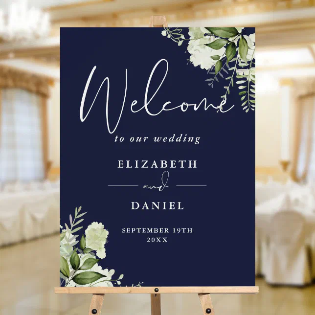 Navy Blue Greenery Floral Wedding Welcome Sign | Zazzle