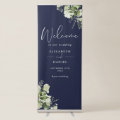 Navy Blue Greenery Foliage Wedding Welcome Retractable Banner | Zazzle
