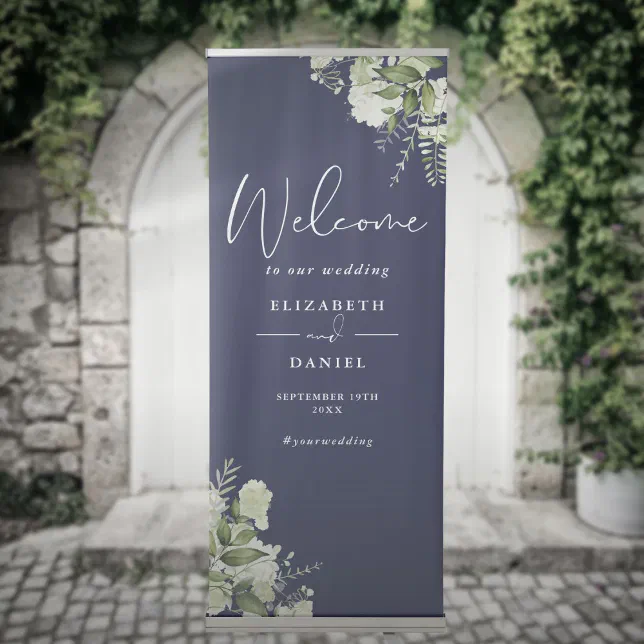 Navy Blue Greenery Foliage Wedding Welcome Retractable Banner | Zazzle