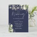 Navy Blue Greenery Lights QR Code Photo Wedding Invitation | Zazzle