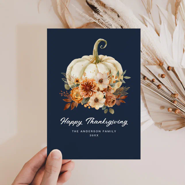 navy blue happy thanksgiving floral card | Zazzle