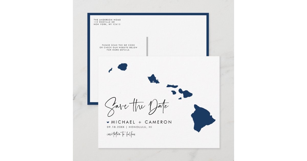 Navy Blue Hawaii State Map QR Code Save the Date Announcement Postcard ...