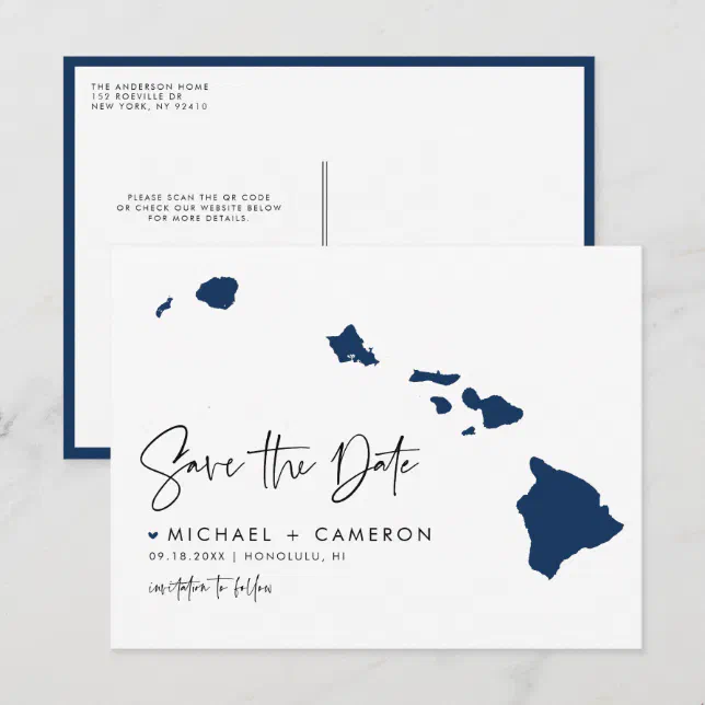 Navy Blue Hawaii State Map QR Code Save the Date Announcement Postcard ...
