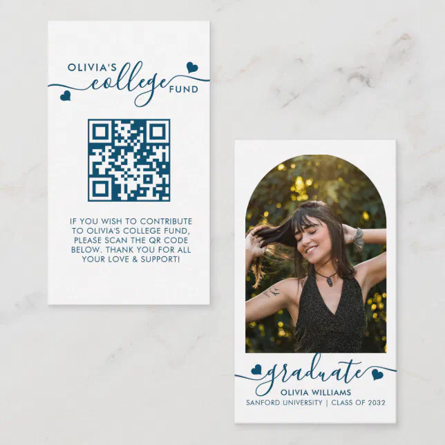 Navy Blue Heart Script QR Code College Fund Photo Enclosure Card | Zazzle