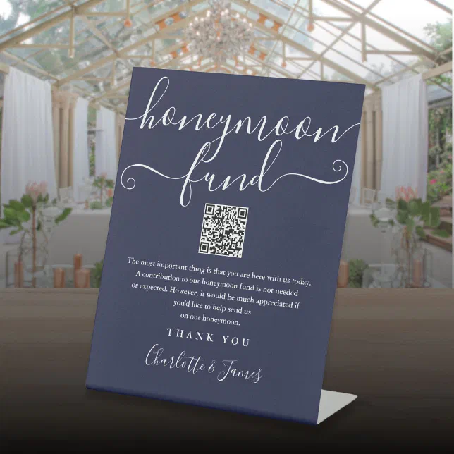 Navy Blue Honeymoon Fund QR Code Pedestal Sign | Zazzle