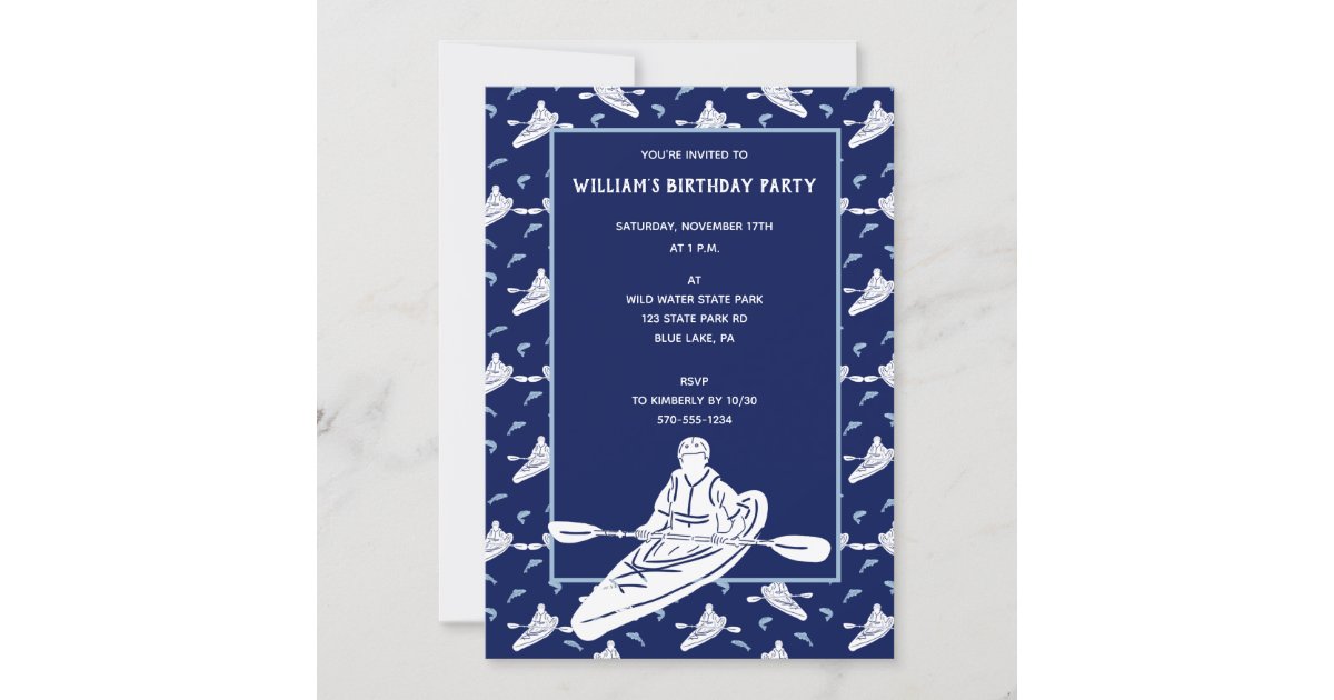 Navy Blue Kayak Pattern Kayaking Themed Party Invitation | Zazzle