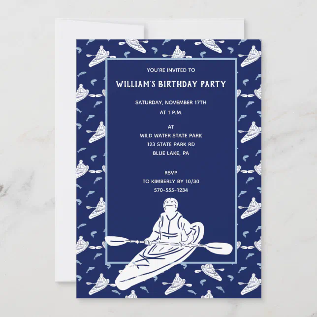 Navy Blue Kayak Pattern Kayaking Themed Party Invitation | Zazzle