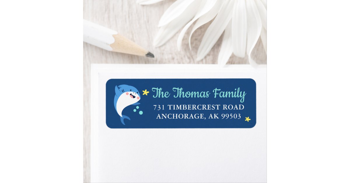 Navy Blue Kids Shark Under The Sea Return Address Label | Zazzle