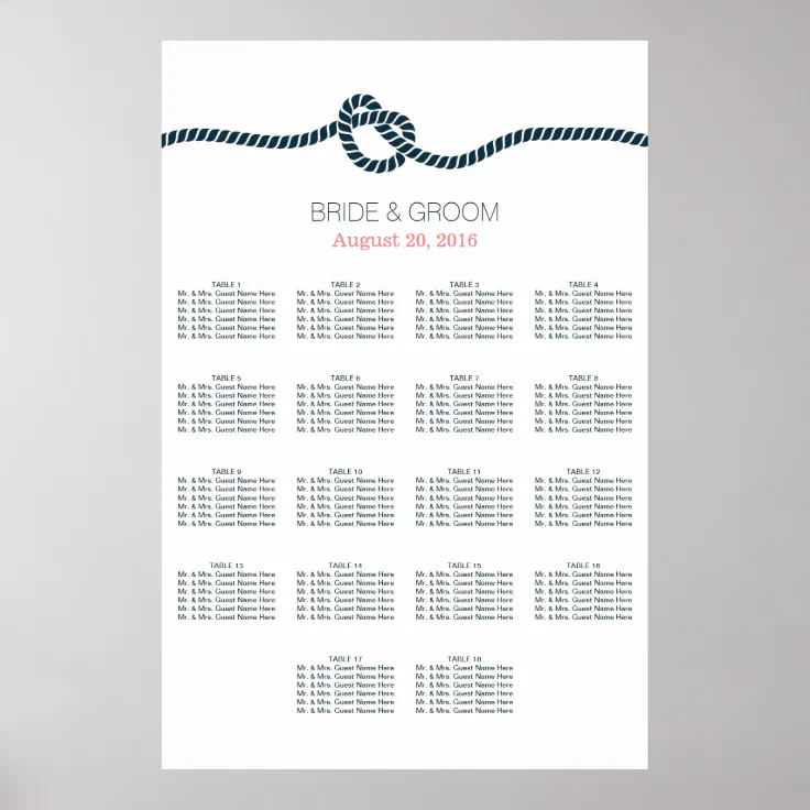 Navy Blue Knot 18 Tables Wedding Seating Chart | Zazzle
