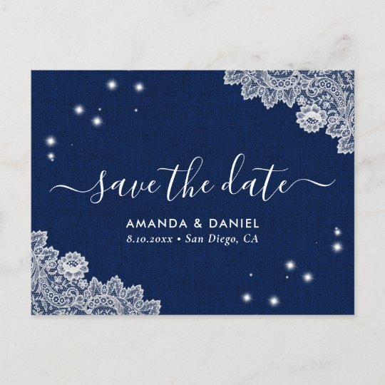 Navy Blue Lace Wedding Save The Date Postcard | Zazzle.com