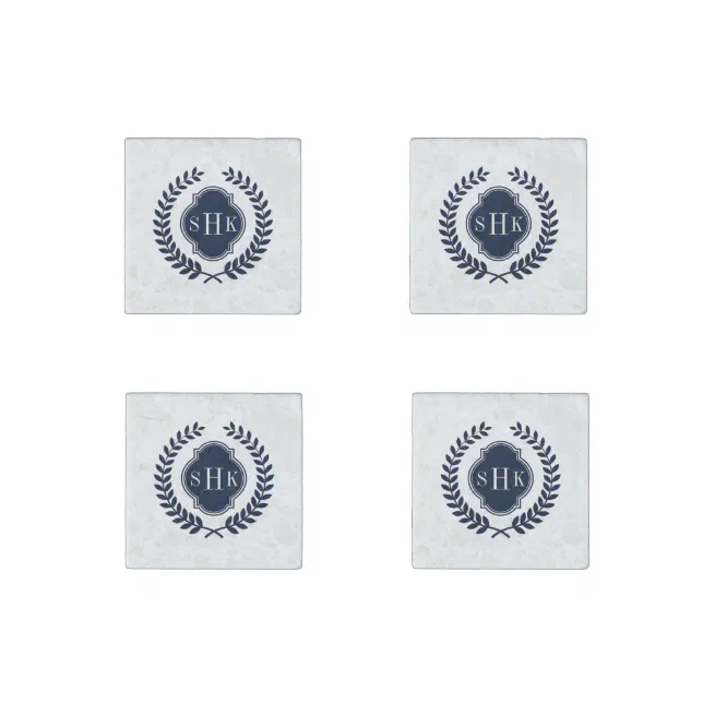 Navy blue laurel wreath crest, monogram stone magnet | Zazzle