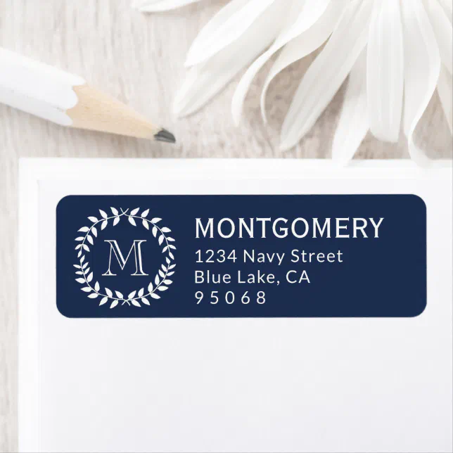 Navy Blue Laurel Wreath Monogram Return Address Label | Zazzle