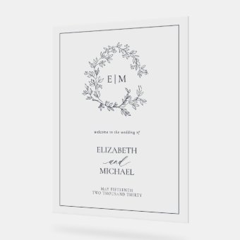 Navy Blue Leafy Crest Monogram Welcome Wedding Acrylic Sign | Zazzle