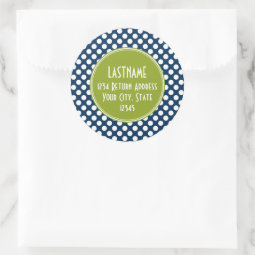 Navy Blue & Lime Green Polka Dots Custom Monogram Classic Round Sticker ...
