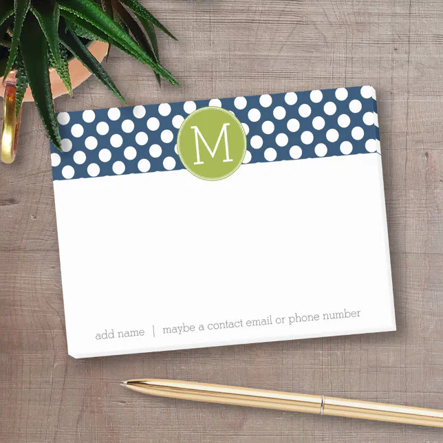 Navy Blue & Lime Green Polka Dots Custom Monogram Post-it Notes | Zazzle