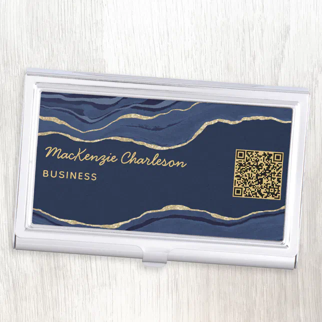 Navy Blue Marble Agate Geode Gold Glitter QR Code Business Card Case ...