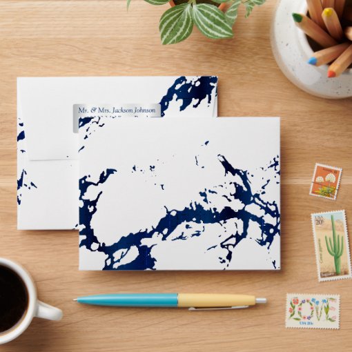 Navy Blue Marble, Silver and White Design Envelope | Zazzle