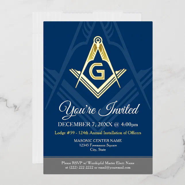 Navy Blue Masonic Freemason Real Gold Foil Invitation | Zazzle